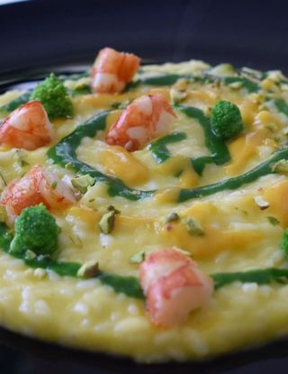 Risotto al mango, crema di cime di rapa, gamberi e la loro bisque. - Al.ta Cucina | Mamy.chef75