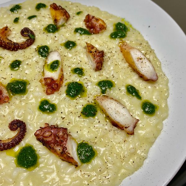 Risotto alla crema di patate, polpo scottato e salsa al basilico | Al ...