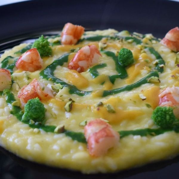 Risotto al mango, crema di cime di rapa, gamberi e la loro bisque. | Al ...
